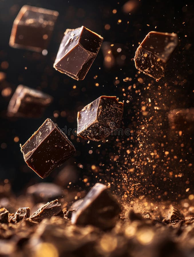 Chocolate Cubes Falling with Cocoa Dust in Motion. Stock Photo - Image ...