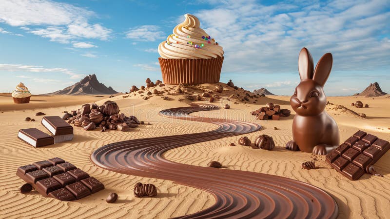 Chocolate Cupcake Desert Landscape with Bunny and Candy Pathway ...