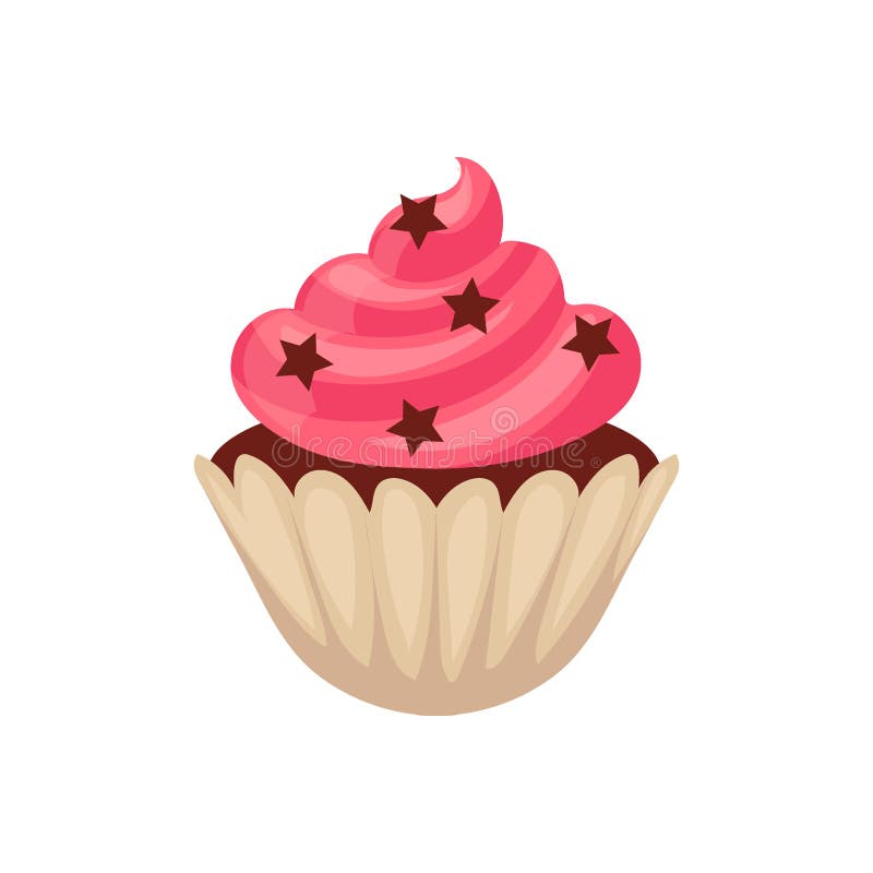 Chocolate Cupcake with Pink Colored Icing, Cartoon Vector Illustration ...