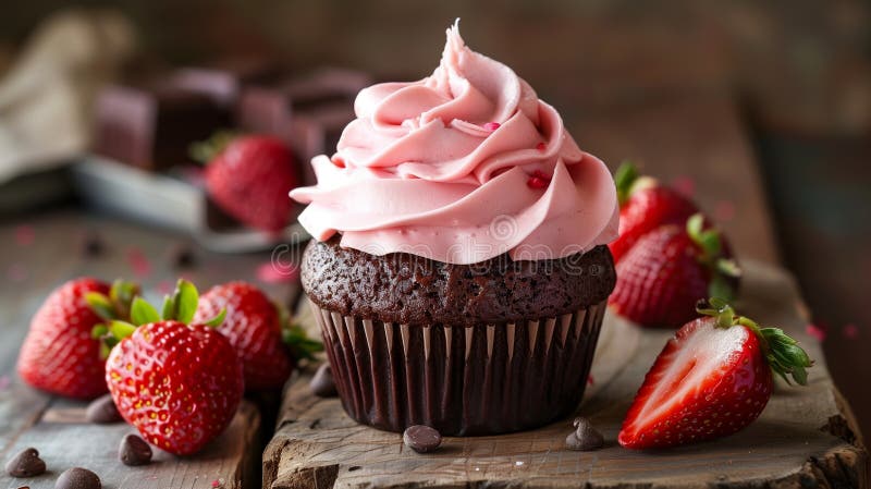 Chocolate Cupcake with Strawberry Cream Stock Photo - Image of ...