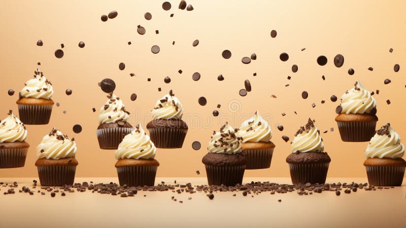 Chocolate Cupcakes with Cream and Chocolate Sprinkles on Beige ...