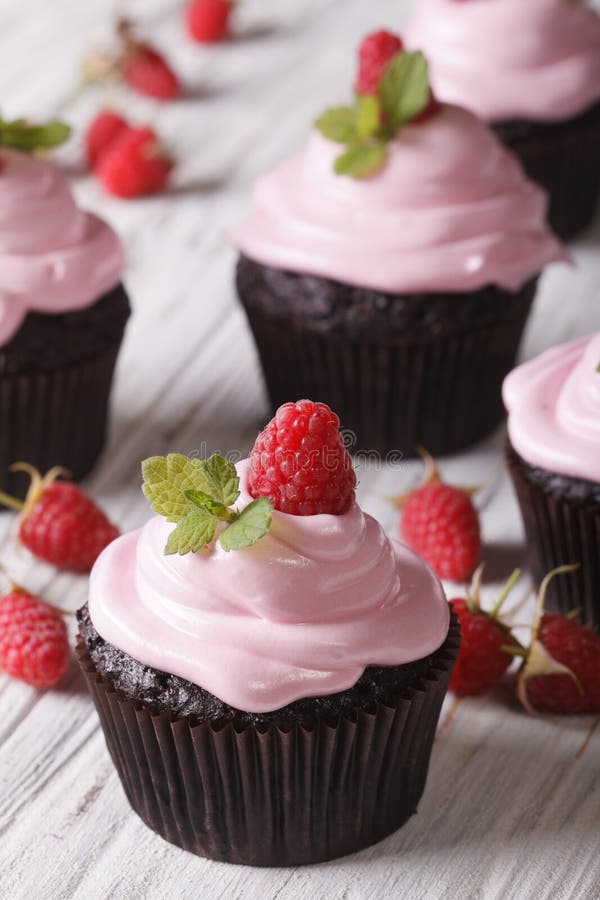 Raspberry Cupcakes with Fresh Mint on a Table Close-up. Horizontal ...