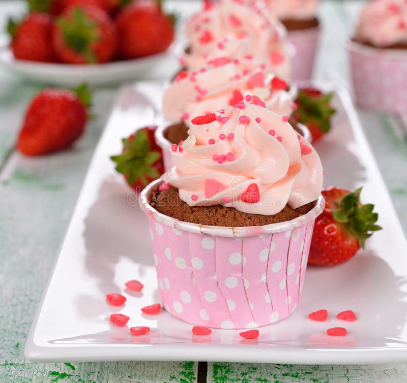 Chocolate Cupcakes with Pink Cream Stock Photo - Image of romantic ...