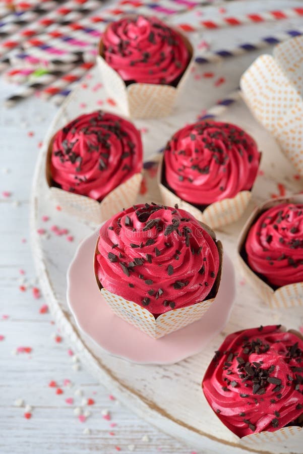 Chocolate Cupcakes with Pink Icing Stock Image - Image of dessert ...