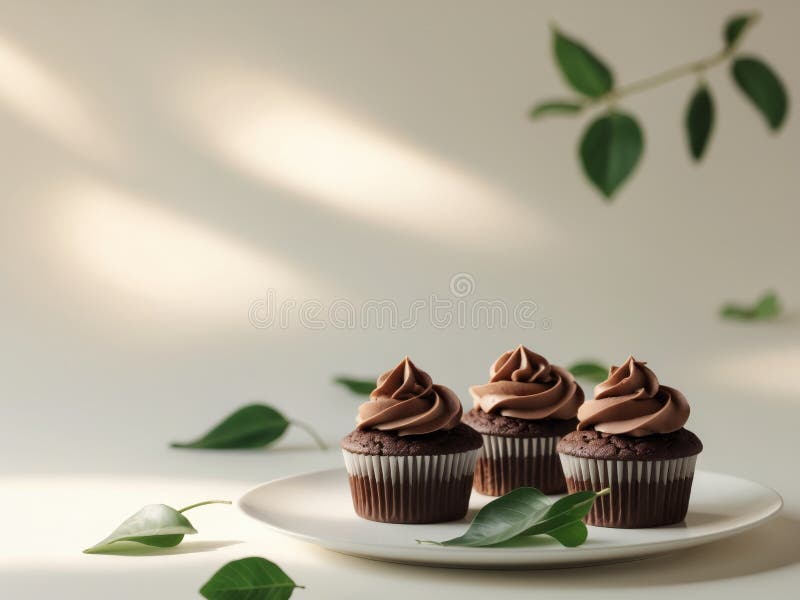 Chocolate Cupcakes on a White Plate with Leaves Stock Image - Image of ...
