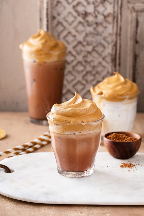 Chocolate Dalgona Whipped Coffee in a Glass with Ice Stock Photo ...