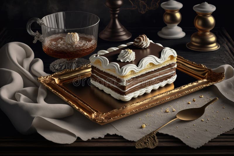 Chocolate Dessert in Form of Rectangular Napoleon Cake with Cream on ...