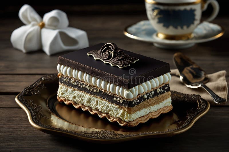 Chocolate Dessert in Form of Rectangular Napoleon Cake with Cream on ...