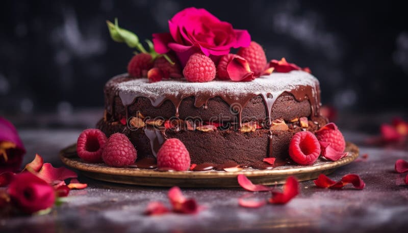 Chocolate Dessert with Raspberry, Gourmet Fruit Indulgence Generated by ...