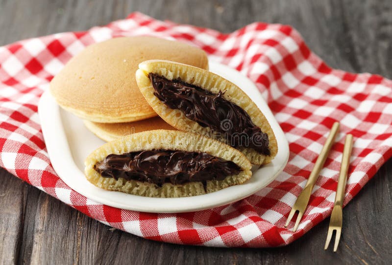 Chocolate Dorayaki, Japanese Double Pancake with Choco Paste Stock ...