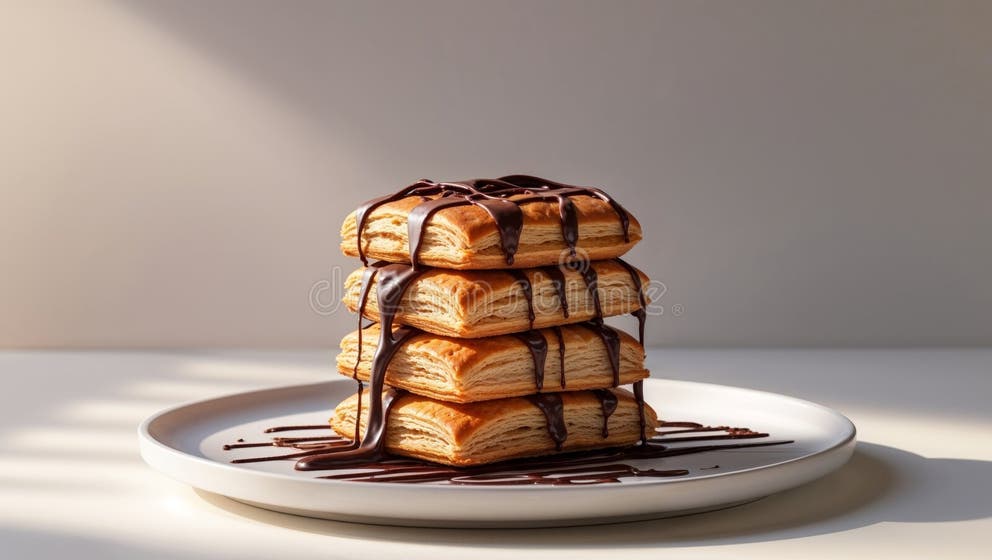 Chocolate Drizzled Stacked Pastries on White Plate Stock Photo - Image ...