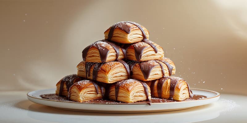 Chocolate Drizzled Stacked Pastries on White Plate Stock Image - Image ...