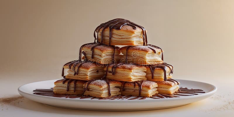 Chocolate Drizzled Stacked Pastries on White Plate. Stock Image - Image ...