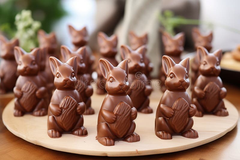 Chocolate Easter Bunnies on Wooden Plate, Close-up Stock Illustration ...