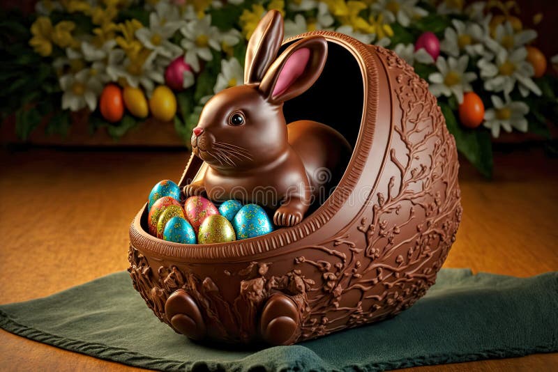 Chocolate Easter Bunny in Basket with Eggs - AI Generative Stock ...