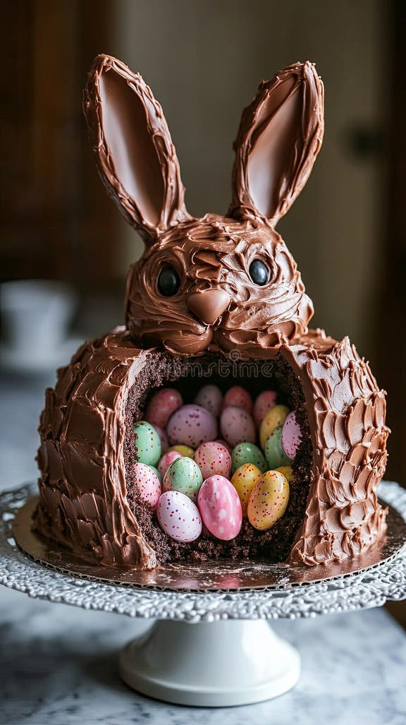 A Chocolate Easter Bunny Cake with a Candy-filled Center. Pic Stock Image - Image of flower ...