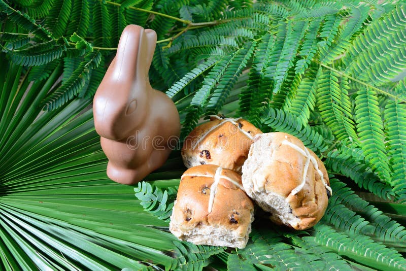 Chocolate Easter Bunny and Hot Cross Buns Stock Image - Image of sweet ...