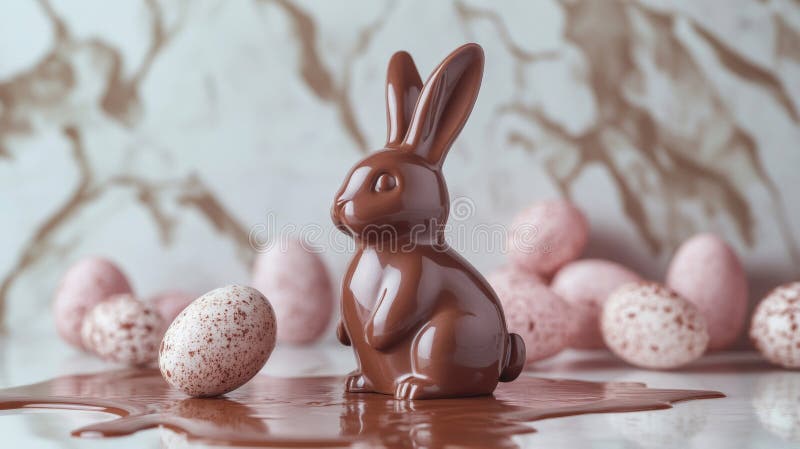 Chocolate Easter Bunny with Melted Chocolate and Eggs Stock ...