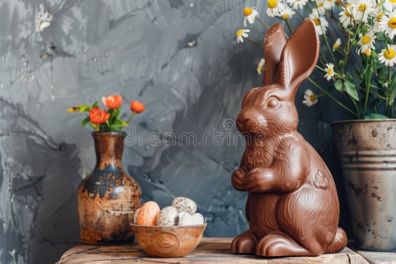 Chocolate Easter Bunny with Painted Eggs among Spring Flowers Stock ...