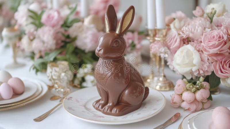 Chocolate Easter Bunny Sitting on Elegant Table Setting Stock ...