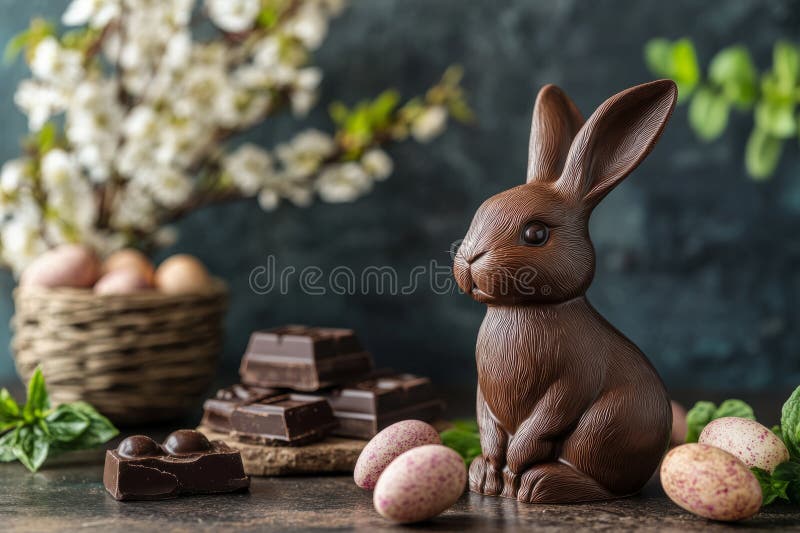 Chocolate Easter Bunny Sitting Near Chocolate Bars and Eggs with Spring ...