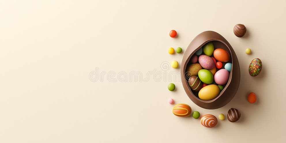 Chocolate Easter Egg with Assorted Candies. Open Hollow Chocolate Shell ...