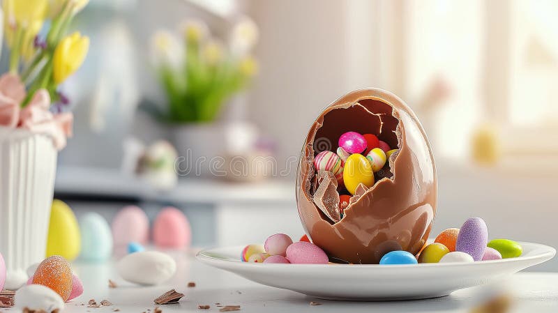 Chocolate Easter Egg Broken Open To Reveal Colorful Candy Inside ...