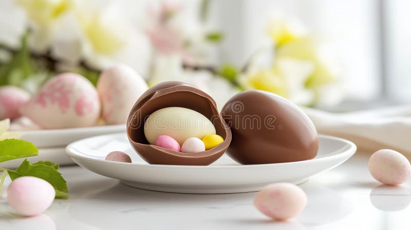Chocolate Easter Egg Broken Open To Reveal Colorful Candy Inside ...