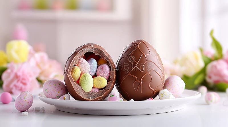 Chocolate Easter Egg Broken Open To Reveal Colorful Candy Inside ...