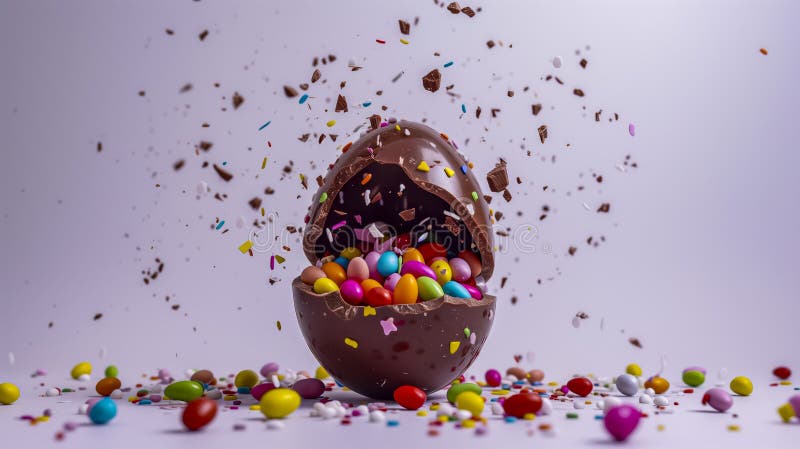 Chocolate Easter Egg Bursting Open with an Array of Colorful Candies ...