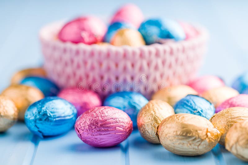 Chocolate Easter Eggs Wrapped Multi Colored Foil Blue Table Stock ...