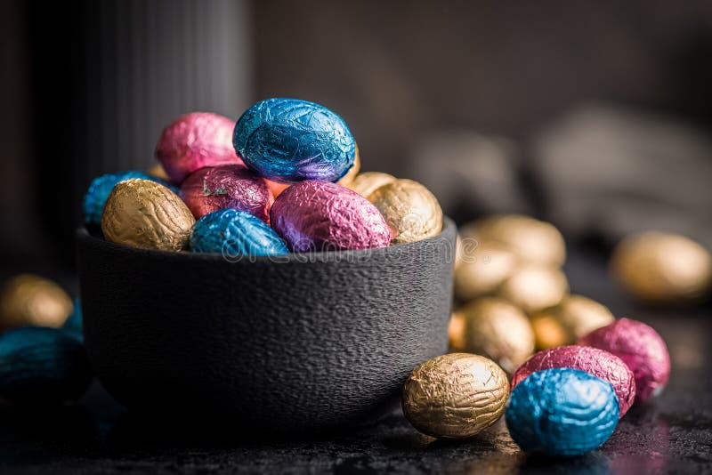 Chocolate Easter Eggs Wrapped Multi Colored Foil Bowl Black Table Stock ...