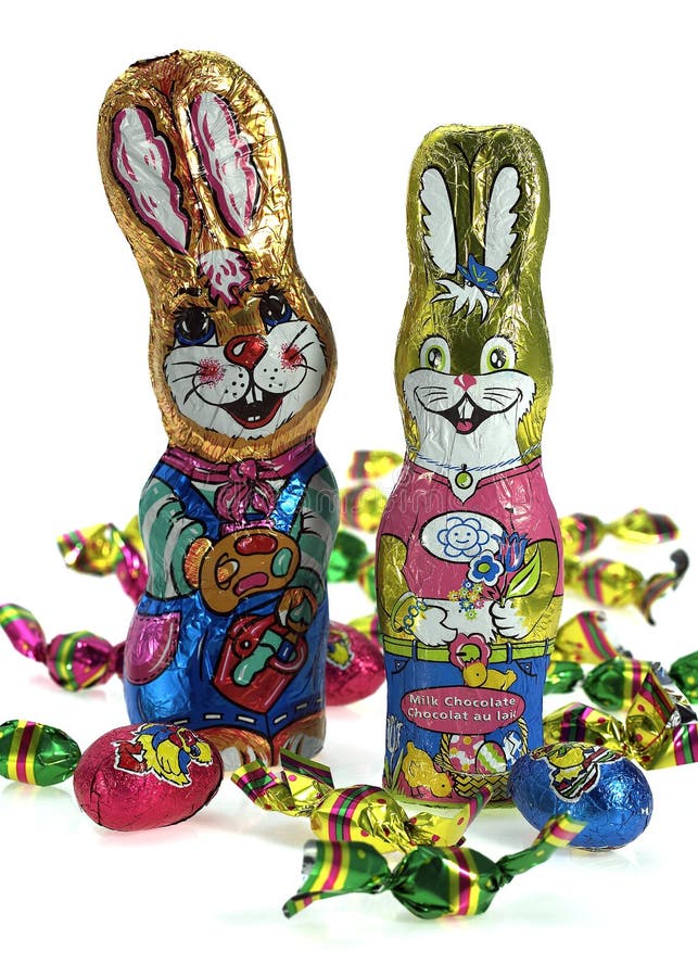 Chocolate Easter Rabbit and Eggs Against White Background Editorial ...