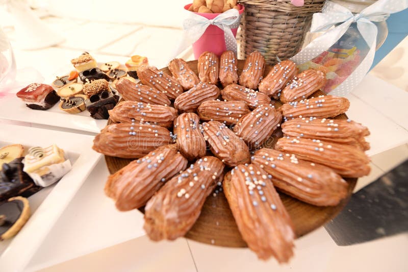 Chocolate eclairs stock photo. Image of cream, buffet - 87426148