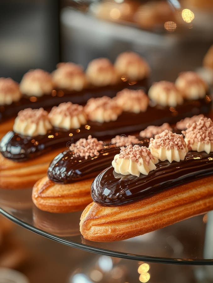 Chocolate Eclairs with Cream on Display in a Bakery. Stock Image ...