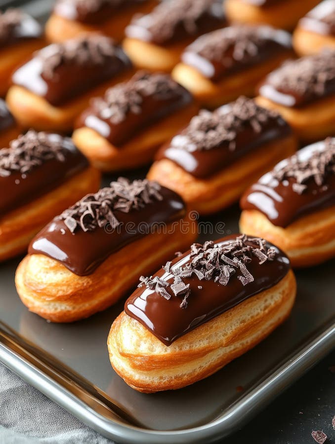 Chocolate Eclairs with Rich Glaze on Baking Tray. Stock Photo - Image ...
