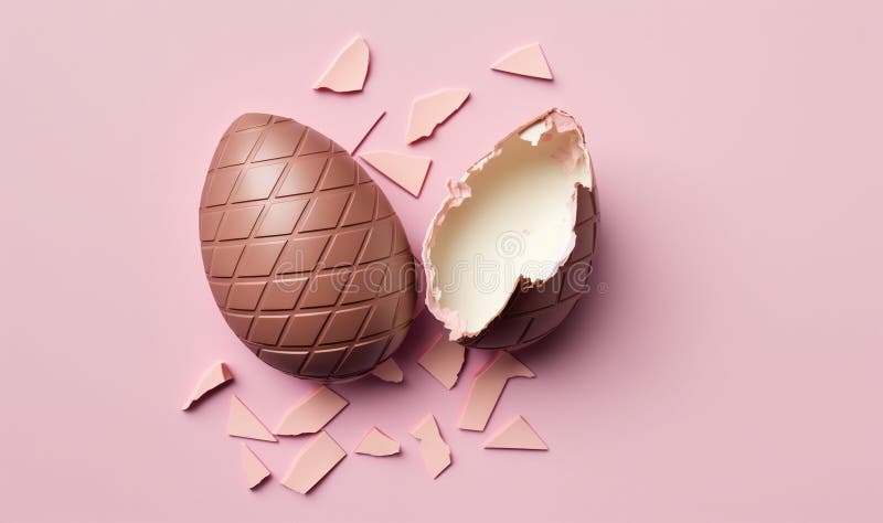 A Chocolate Egg with a Broken Shell on a Pink Background with Broken ...