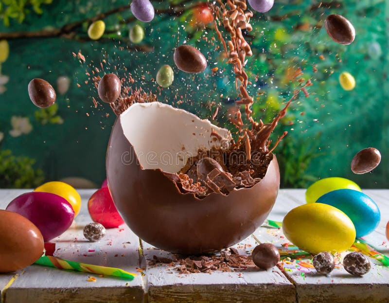 Chocolate Egg Exploding and Melting on the Table. Colored Eggs in the ...