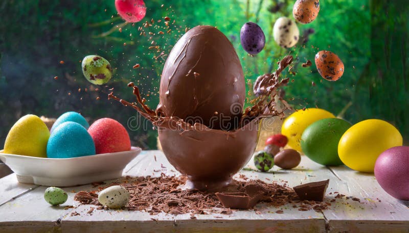 Chocolate Egg Exploding and Melting on the Table. Colored Eggs in the ...