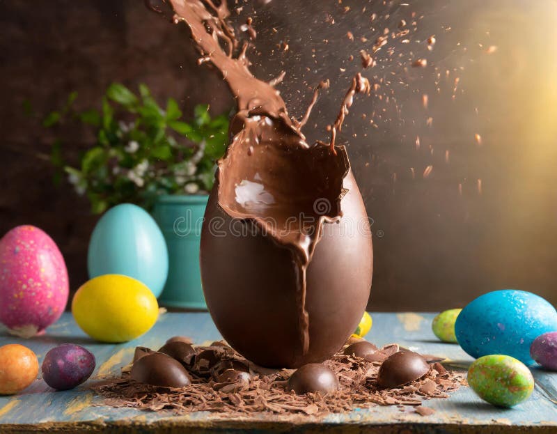 Chocolate Egg Exploding and Melting on the Table. Colored Eggs in the ...