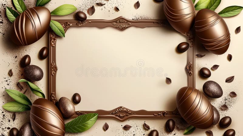 Chocolate Egg Frame with Chocolate Eggs and Leaves Stock Photo - Image ...