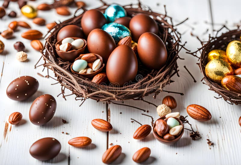 Chocolate Eggs and Easter Almonds on Bird Nest Stock Illustration ...