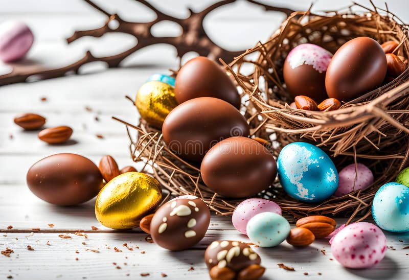 Chocolate Eggs and Easter Almonds on Bird Nest Stock Illustration ...