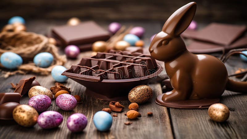 Chocolate Eggs and Easter Almonds, Chocolate Bunny and Sweets on Wooden ...