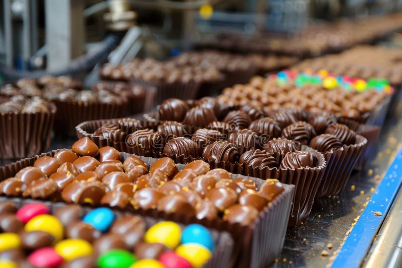 Chocolate Factory with Workers Packaging Candies and Chocolate Bars for ...