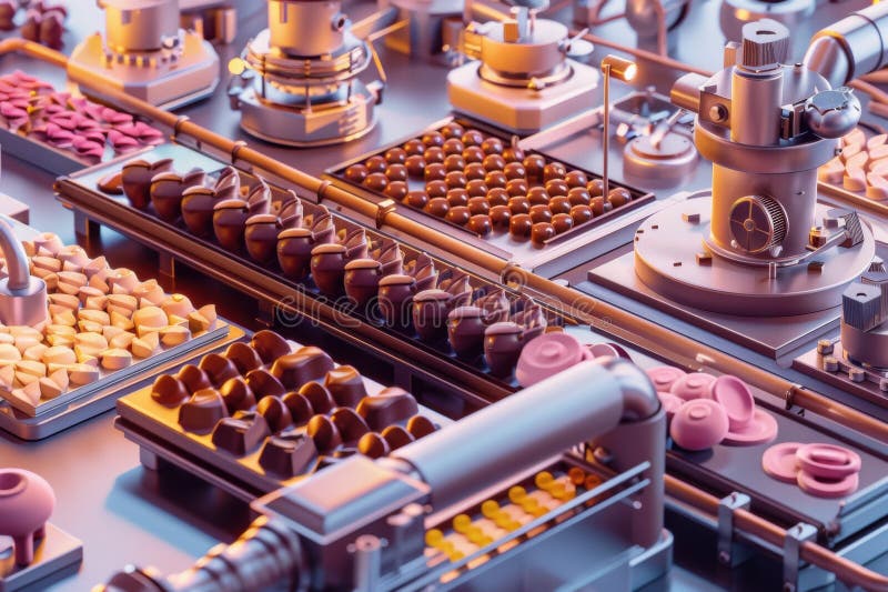 Chocolate Factory with Workers Packaging Candies and Chocolate Bars for ...