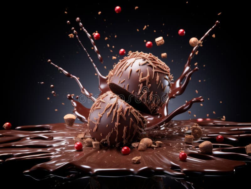Chocolate Falling into Pool of Chocolate Sauce, Chocolate and Cherries ...
