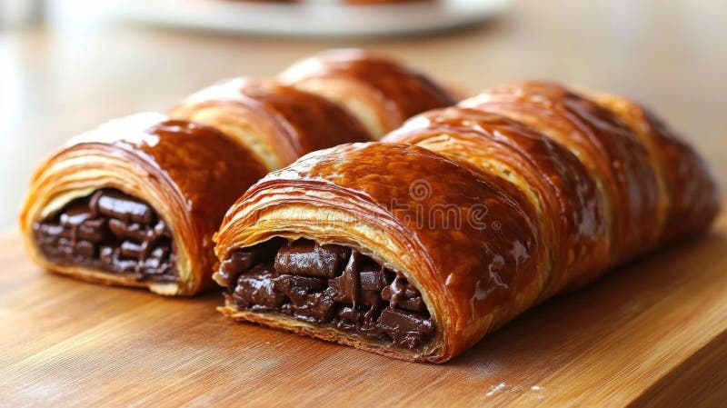 Chocolate Filled Puff Pastry Rolls on Wooden Board Stock Illustration ...