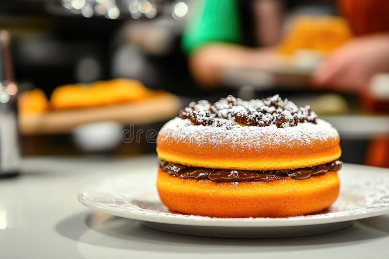 Chocolate-filled Sponge Cake with Powdered Sugar on White Plate in ...