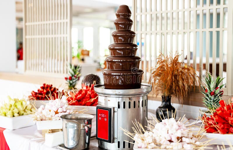 Chocolate fountain stock photo. Image of melted, fruit - 340875868